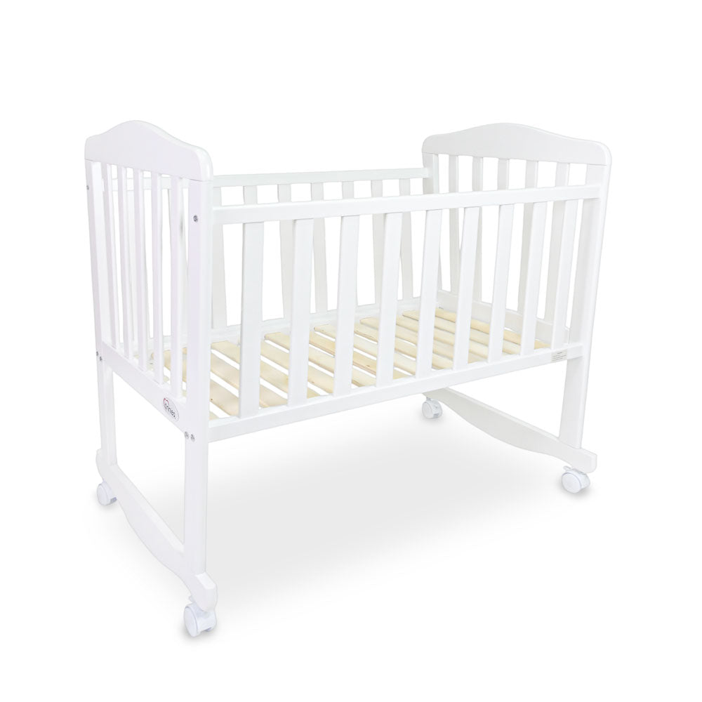 BABY WOODEN CRIB – WHITE FINISH WITH ROCKING & WHEELS– Tinnies | Mama's ...
